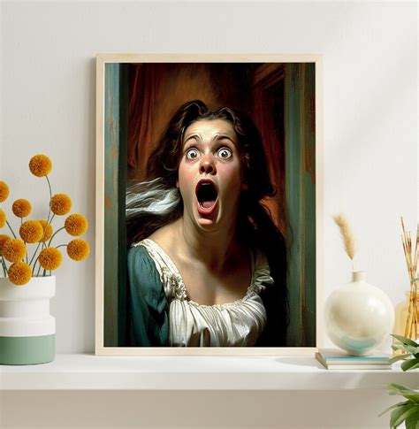 Funny Oil Painting Art Printvintage Woman Scared Painting Etsy