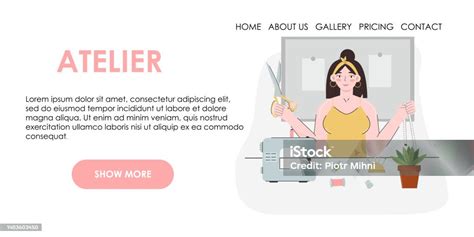 젊은 재봉사 여성 패턴과 실 패션 디자이너 드레스 메이커 재봉사 바느질 워크샵 또는 코스 맞춤 개념 배너 광고 웹 사이트를위한 벡터 일러스트레이션 가위에 대한 스톡 벡터