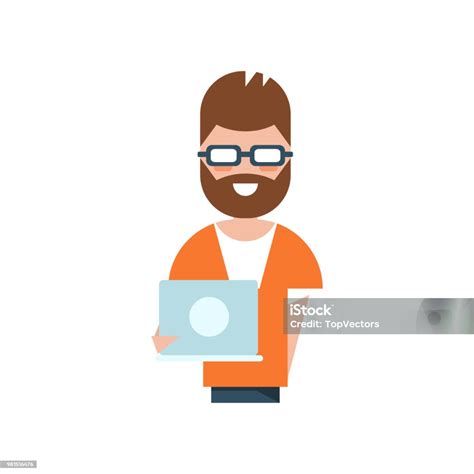 전문 프로그래머 Charatcter 남자는 흰색 바탕에 노트북 컴퓨터 벡터 일러스트 레이 션을 들고 웃 고 개념에 대한 스톡