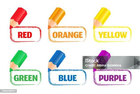 색상의 이름을 가진 다채로운 연필 세트입니다 미취학 아동을 위한 기본 색상 학습 빨강 초록 주황 파랑 노랑 자주색의 연필 0명에 대한 스톡 벡터 아트 및 기타 이미지