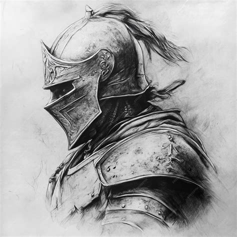 Knight In Armor Drawing With Pencil On Paper Monochrome Premium Ai