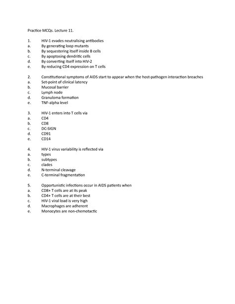 Practice Mcqs For Practice Mcqs Lecture 11 Hiv 1 Evades