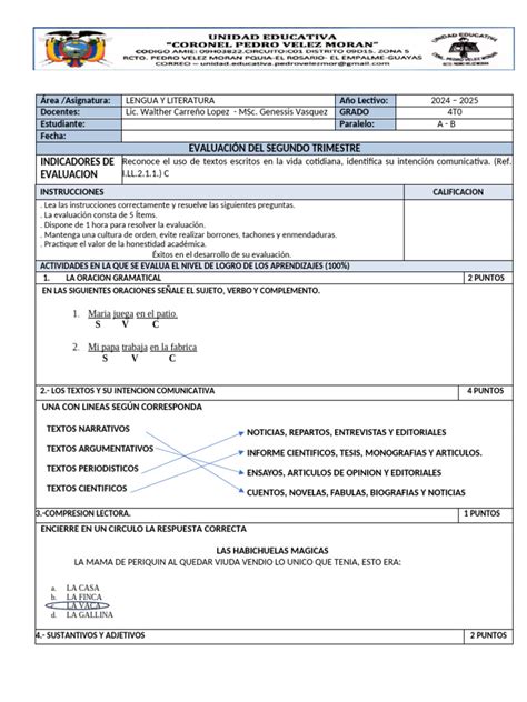 Lengua Y Literatura 4to Egb Examen Pdf Lingüística