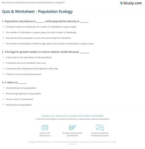 Quiz And Worksheet Population Ecology