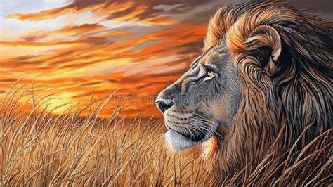 A Majestic Lion Gazing At The Horizon During A Glowing Sunset In The