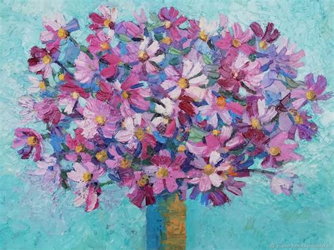 Картина маслом Космеи с букетом цветов