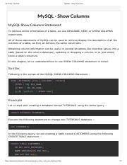 MySQL Show Columns Syntax Examples Output Course Hero