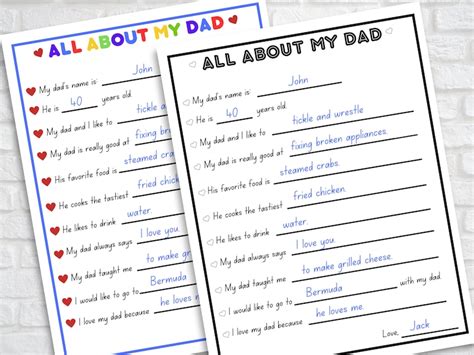 All About My Dad Fill In The Blanks Questionnaire Fathers Day Craft