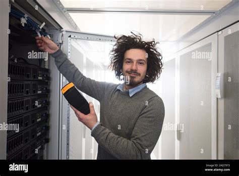 Technician Using Digital Cable Analyzer Stock Photo Alamy