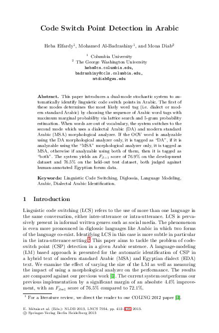 Pdf Code Switch Point Detection In Arabic