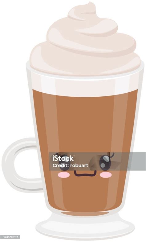 거품과 시럽 스티커 카와이가있는 귀여운 커피 라떼 긍정적 인 감정을 가진 유리에 뜨거운 음료 감정에 대한 스톡 벡터 아트 및