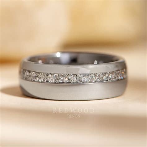 Silver Tungsten Ring With Lab Grown Diamond Strip 8mm Redwood Rings
