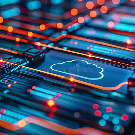 Cloud Computing Symbol On Circuit Board Neon Lights Data Storage And Processing Concept Stock
