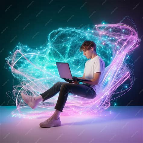 Joven Posando Usando Una Computadora Portatil Premium Ai Generated Image