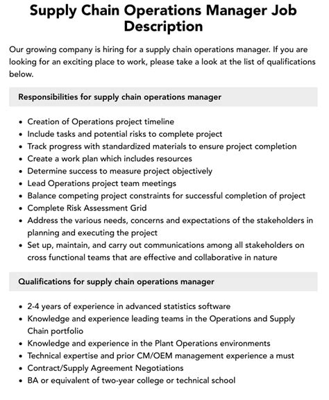 Supply Chain Operations Manager Job Description Velvet Jobs