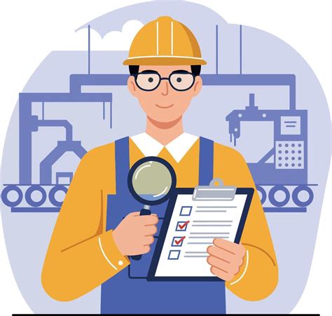 Industrial Worker Inspecting Checklist With Magnifying Glass In Factory Environment Illustration