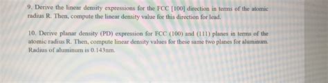 solved 9 derive the linear density expressions for the fcc