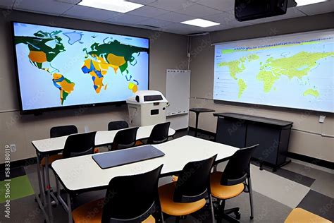 School Classroom With Interactive Smart Board Laptop And Projector
