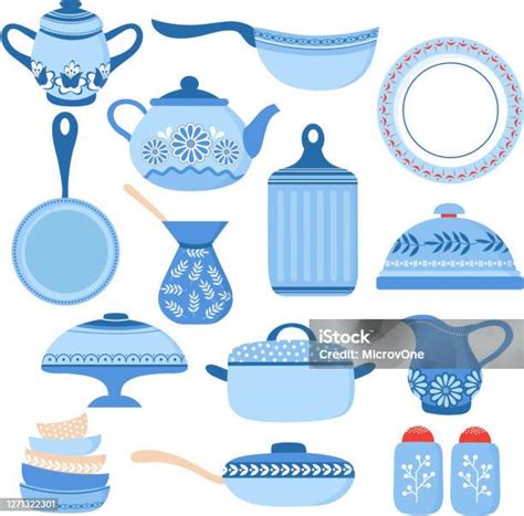 만화 조리기구 주방 그릇과 유리 제품 요리 컵 및 주전자 조리 도구 벡터 격리 세트 접시에 대한 스톡 벡터 아트 및 기타 이미지