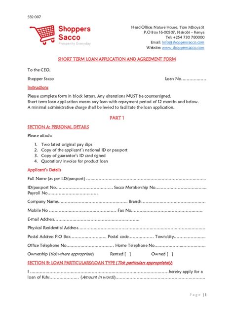 Fillable Online Short Term Loan Application And Agreement Form Fax