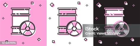 분홍색과 흰색 검은 색 배경에 고립 된 배럴 아이콘에 방사성 폐기물을 설정합니다 독성 쓰레기 통 방사성 쓰레기 배출 환경 오염