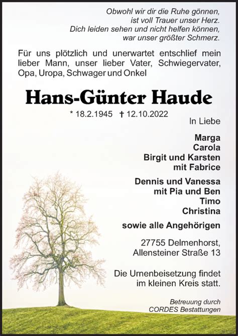 Traueranzeigen Von Hans Günter Haude Noz Trauerportal