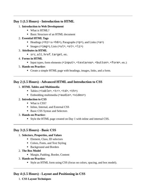 10 Days Syllabus For Html Css And Js Pdf Java Script Html