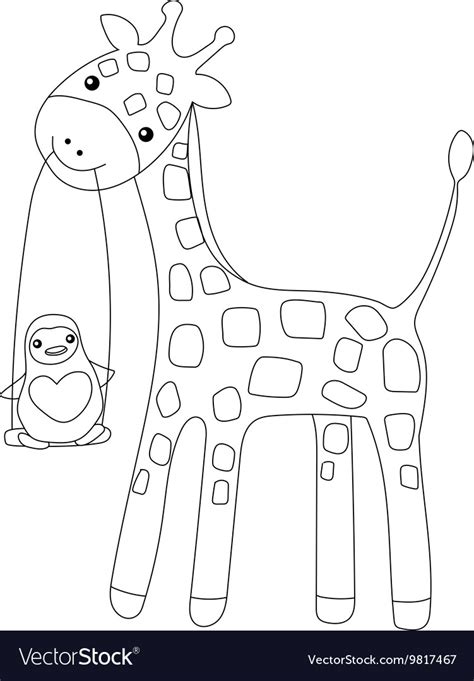 Coloring Page Little Cute Giraffe And Penguin Vector Image