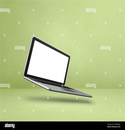 Floating Computer Laptop Isolated On Green Square Background Stock Photo Alamy