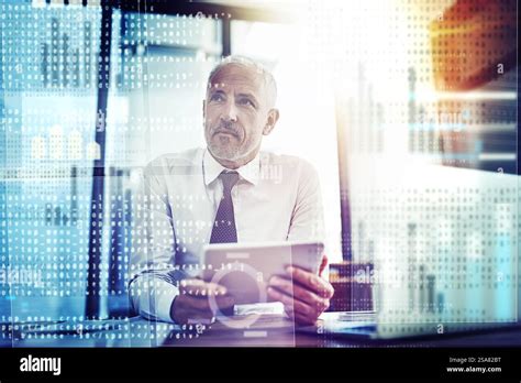 Businessman Tablet And Overlay Of Data In Office For Program Testing Algorithm Analysis Or