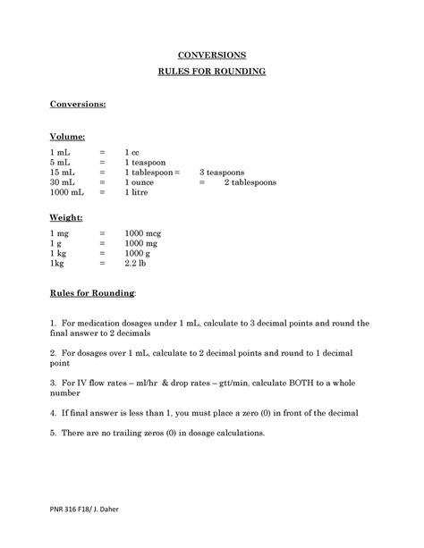 Dosage Calculation Rules Pnr 316 F18 J Daher Conversions Rules For