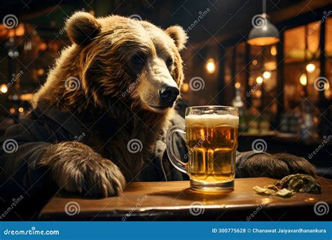 A Large Furry Brown Bear Was Sitting In A Bar Drinking A Drink Whether