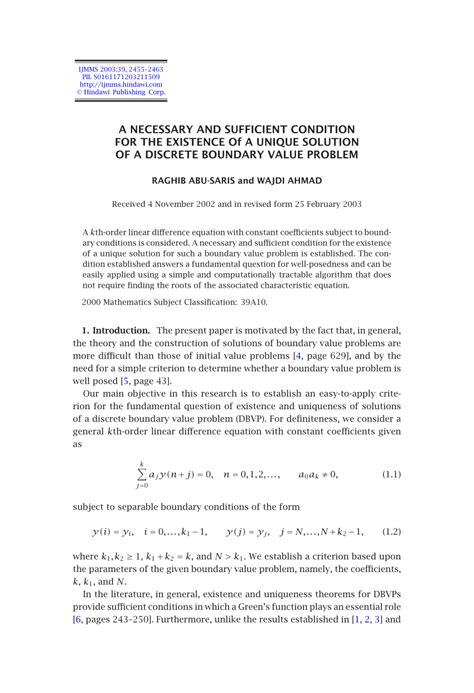 Pdf A Necessary And Sufficient Condition For The Existence Of A Unique Solution Of A Discrete