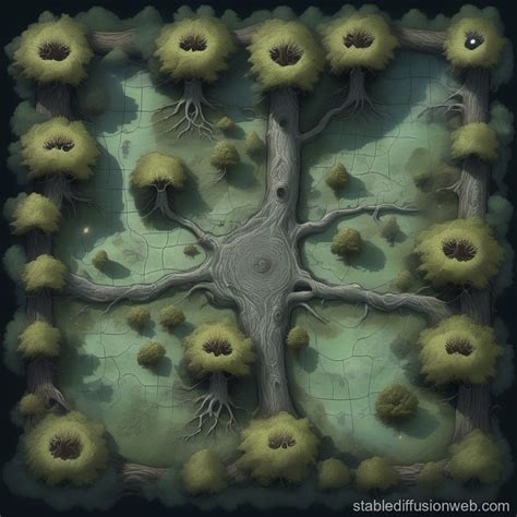 A Top Down Grid Map Of A Haunted Forest Clearing Filled With Gnarled