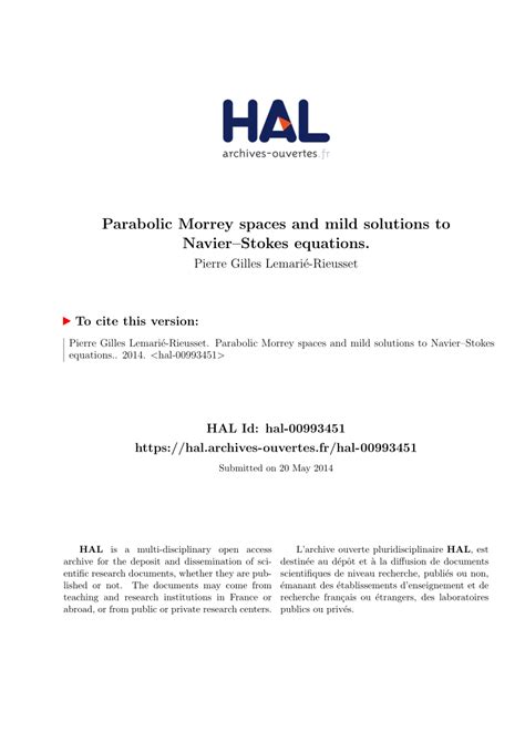 Pdf Parabolic Morrey Spaces And Mild Solutions To Navier Stokes
