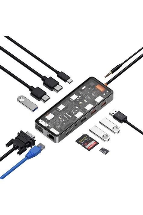 Wiwu Cb012 Cyber 12 In 1 Type C Hub 100w Şarj Destekli Şeffaf Sd Kart Rj45 Hdmi Vga Usb