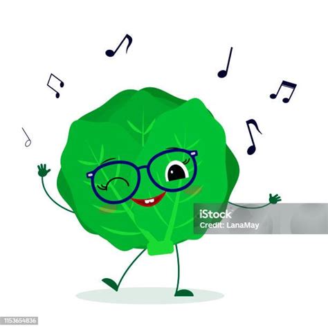 귀여운 양배추 야채 만화 캐릭터 안경 춤 음악 로고 템플릿 디자인입니다 벡터 일러스트 레이 션 플랫 스타일 감정에 대한 스톡