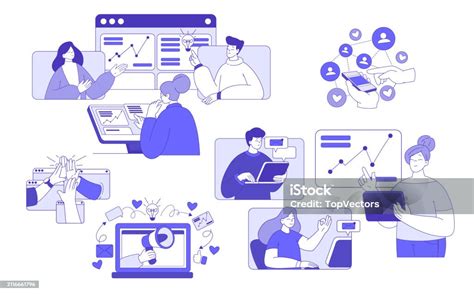 소셜 마케팅 와 사람들 관리 비즈니스 프로세스 벡터 일러스트 레이 션 세트 하이 파이브에 대한 스톡 벡터 아트 및 기타 이미지