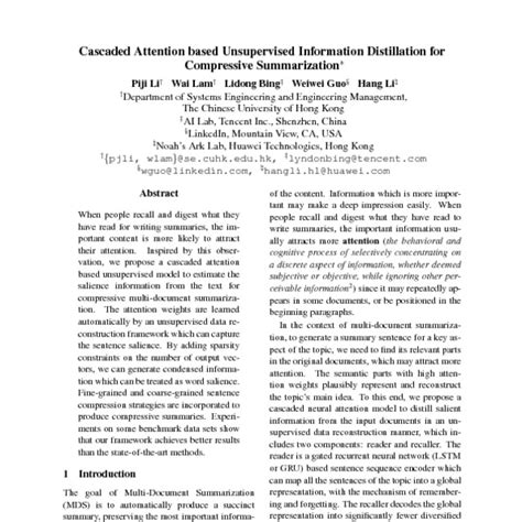 Cascaded Attention Based Unsupervised Information Distillation For Compressive Summarization