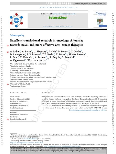Pdf Excellent Translational Research In Oncology A Journey Towards Novel And More Effective