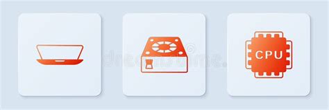 Set Computer Cooler Laptop And Processor With Cpu White Square Button Stock Vector