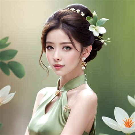 个女孩 单人 裙子 夏日背景 绿色连衣裙 珠宝 面向观众 耳环 模糊的 发饰 棕色眼睛 半身像 花 豆友 Po的文本出图 自定义创作 K超清化作品
