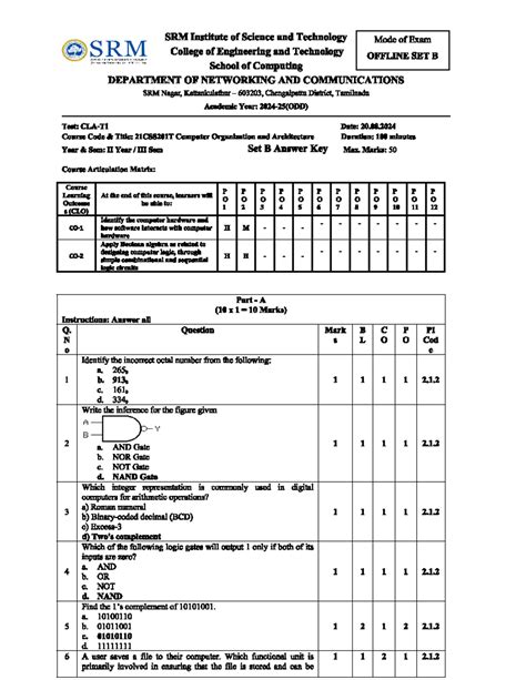 Set B Answer Key Key Srm Institute Of Science And Technology Mode Of Exam Srm College Of
