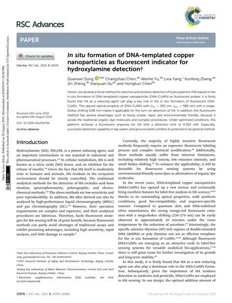 Pdf In Situ Formation Of Dna Templated Copper Nanoparticles As