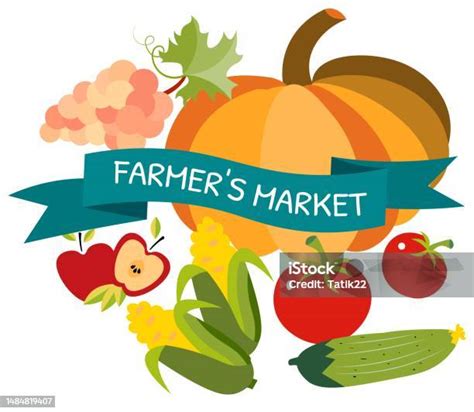 파머스 마켓 포스터 야채 배경에 비문이 새겨진 리본을 수여합니다 파머스 마켓 포스터 컬렉션 지역 음식 박람회에 대한 비문이 있는 벡터 배너 템플릿입니다 과일에 대한 스톡