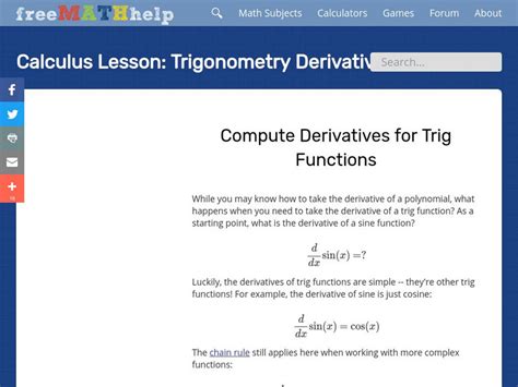 Free Math Help Trigonometry Derivatives Activity For 9th 10th Grade