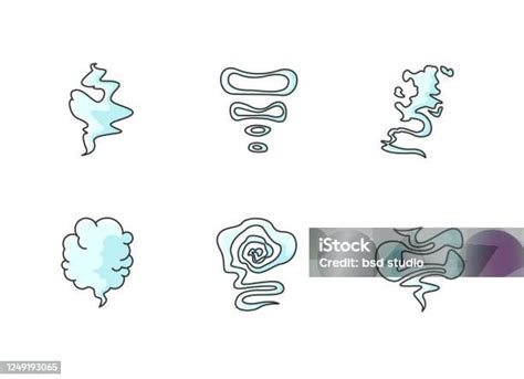 냄새 Rgb 블루 컬러 아이콘 세트 후카에서 냄새가 난다 대마초에서 향기 담배 스트림 나쁜 향기 뜨거운 안개 안개 구름 가스로 인한 안개 향과 악취 격리된 벡터 그림 0명에