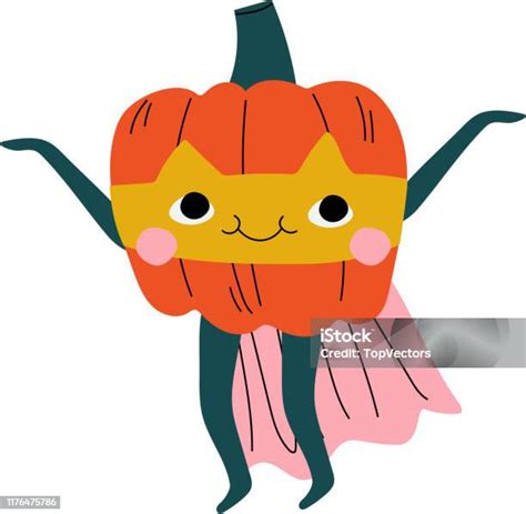 마스크와 케이프 의상 벡터 일러스트레이카에서 재미있는 야채 만화 캐릭터에 귀여운 슈퍼 히어로 호박 다리 신체 부분에 대한 스톡