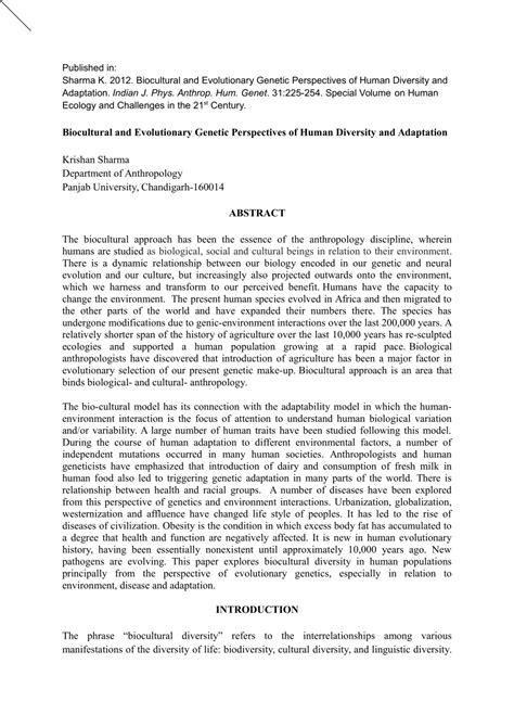 Pdf Biocultural And Evolutionary Genetic Perspectives Of Human Diversity And Adaptation