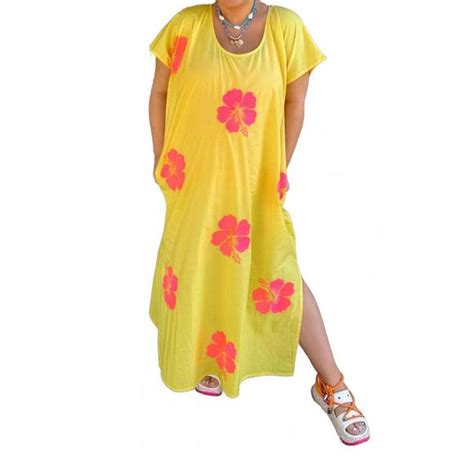 Tela Dresses New Tela Happy Hibiscus Caftan Maxi Dress In Yellow